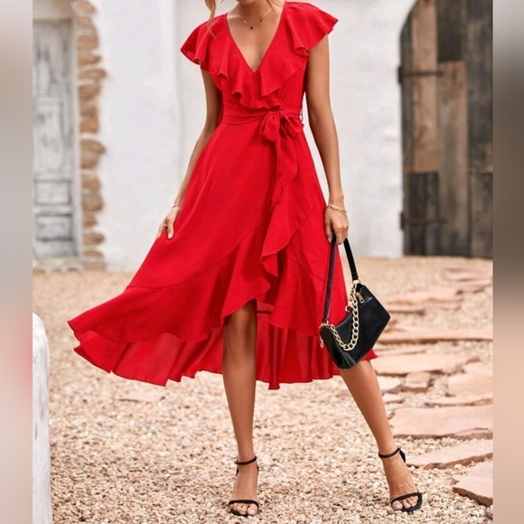 Dresses | New Chic Flowy Ruffle Wrap Tie Midi Dress Red | Poshmark